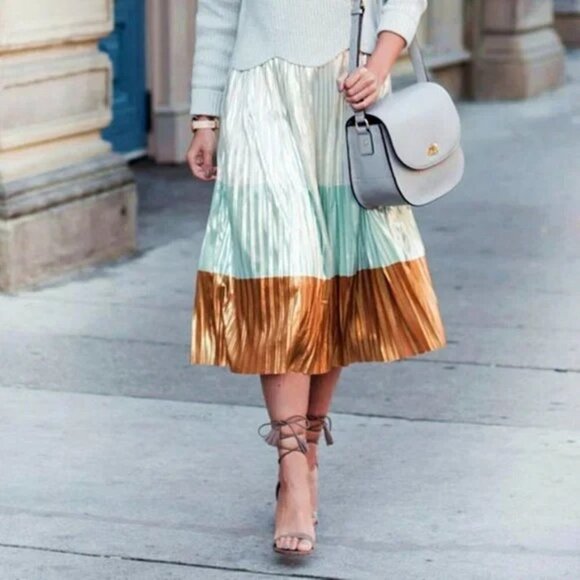 Zara | Skirts | Zara Colorblock Pleated Shiny Metallic Midi Skirt ...